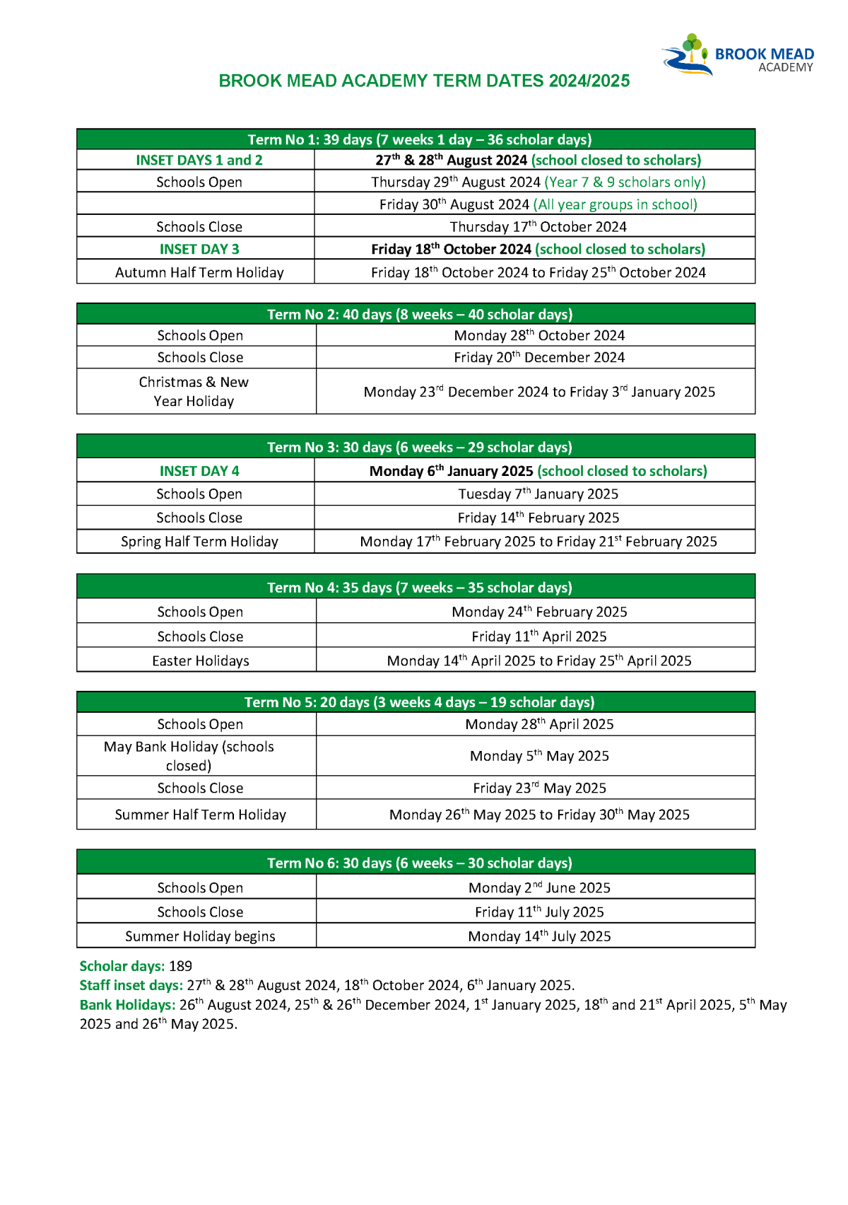 Term Dates – Brook Mead Academy | TMET Leicester MAT